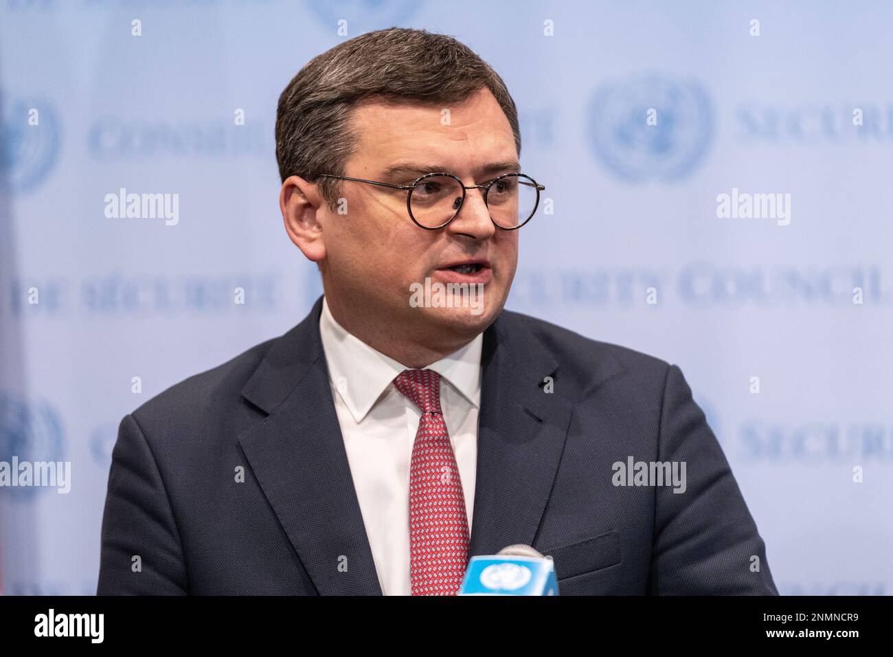 Foreign Minister of Ukraine Dmytro Kuleba speaks to media at Security ...