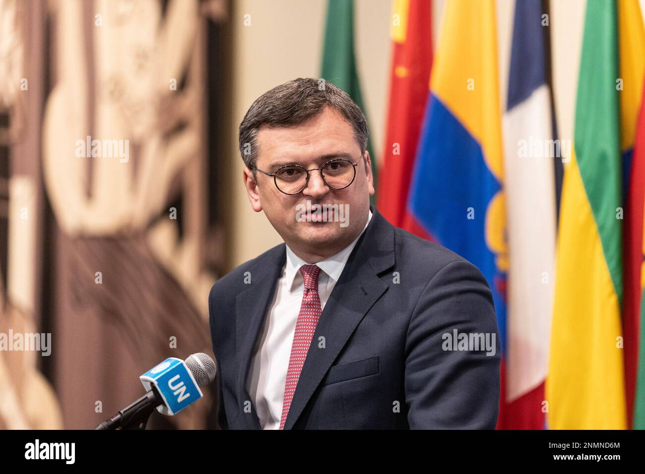 Foreign Minister of Ukraine Dmytro Kuleba speaks to media at Security ...