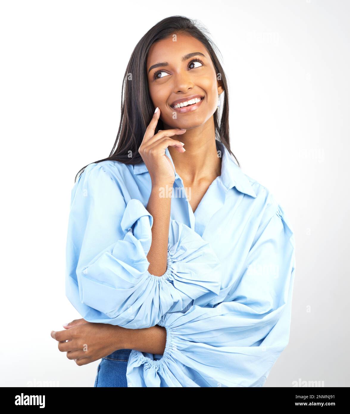 Thinking, Indian woman and studio with fashion, style and modern ...