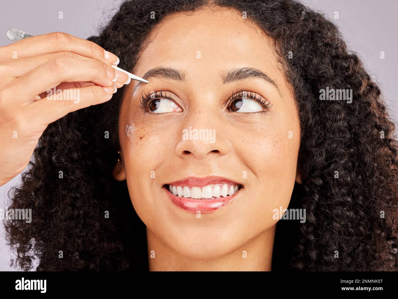 Eyebrow grooming, face tweezer and black woman with wellness ...