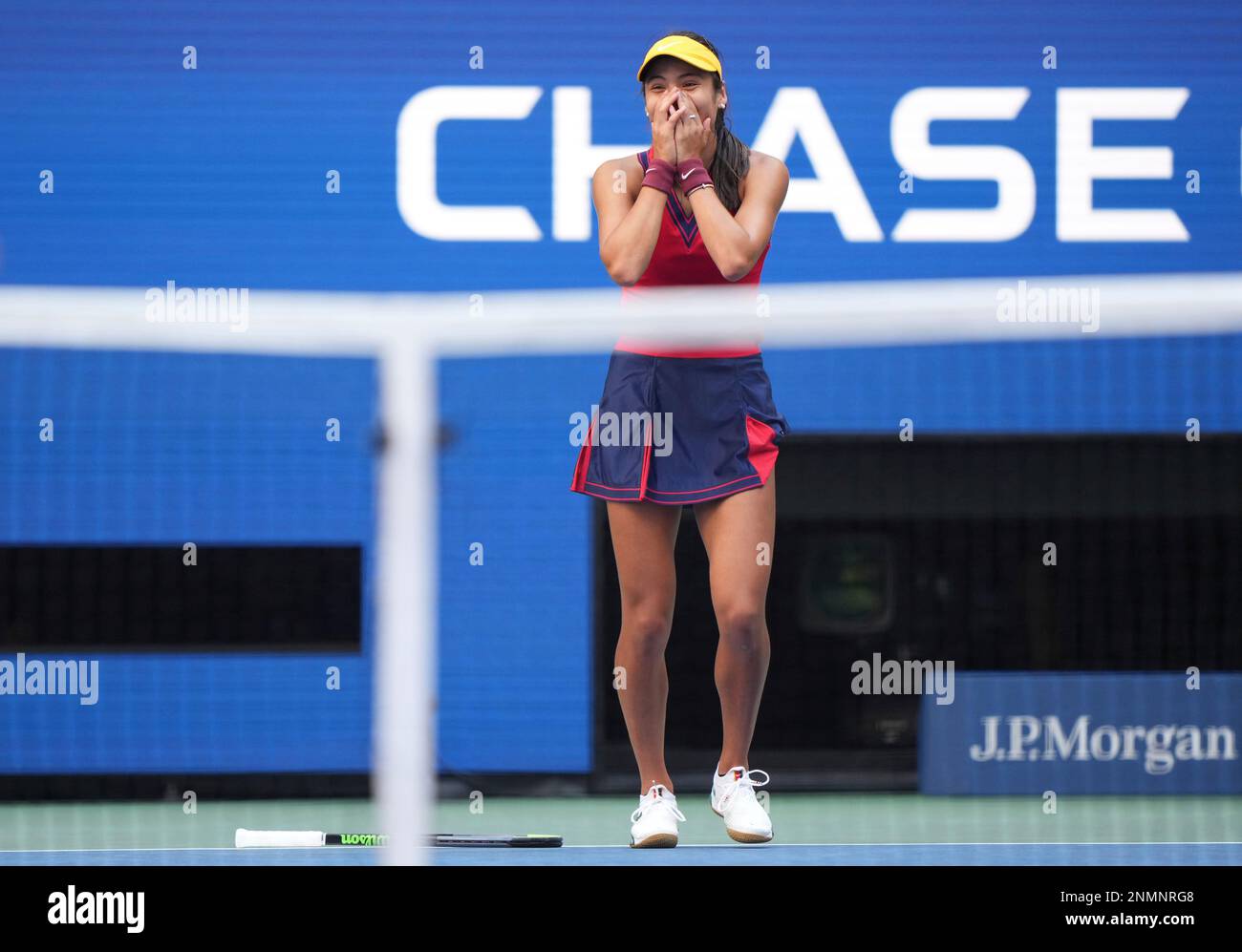 Emma Raducanu reacts to winning a Women's Singles match at the 2021 US ...