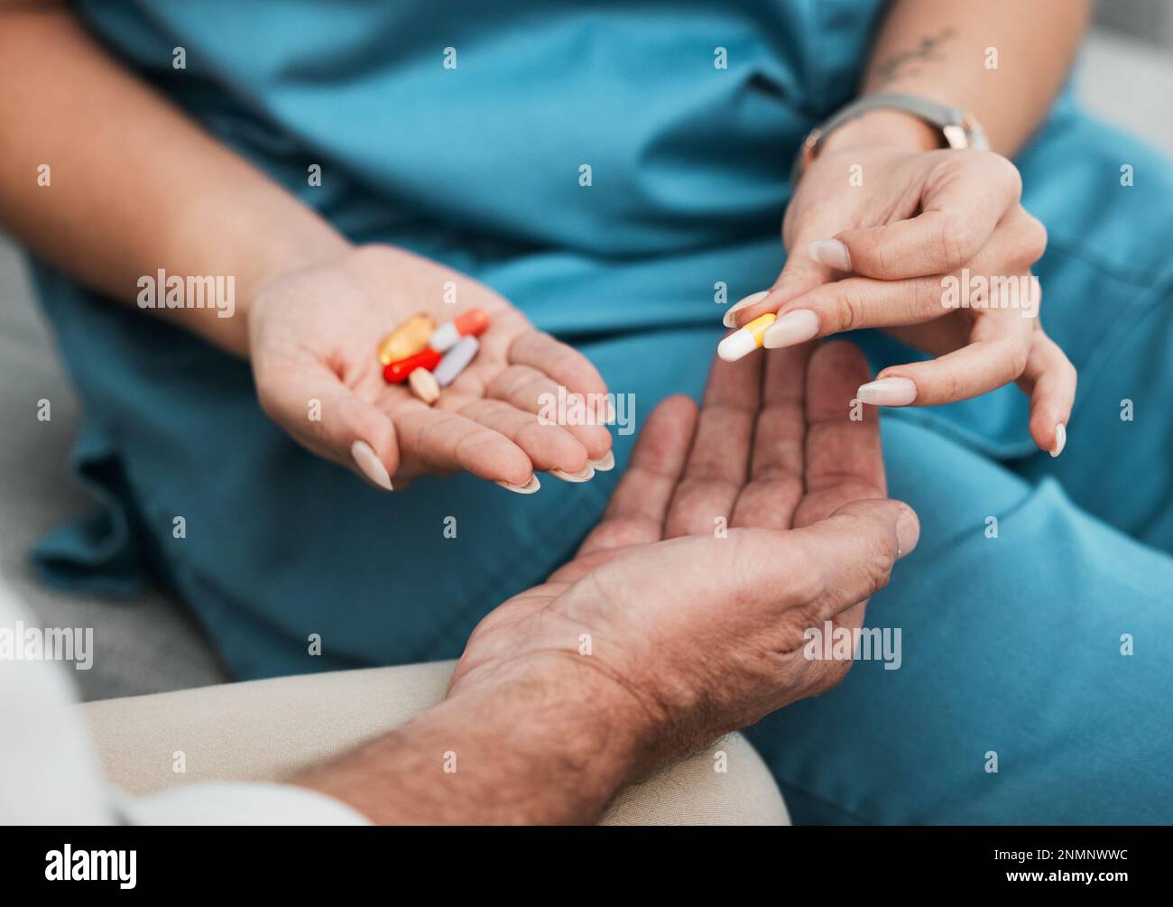 Pills, senior medication and man hands with a nurse and caregiver ...