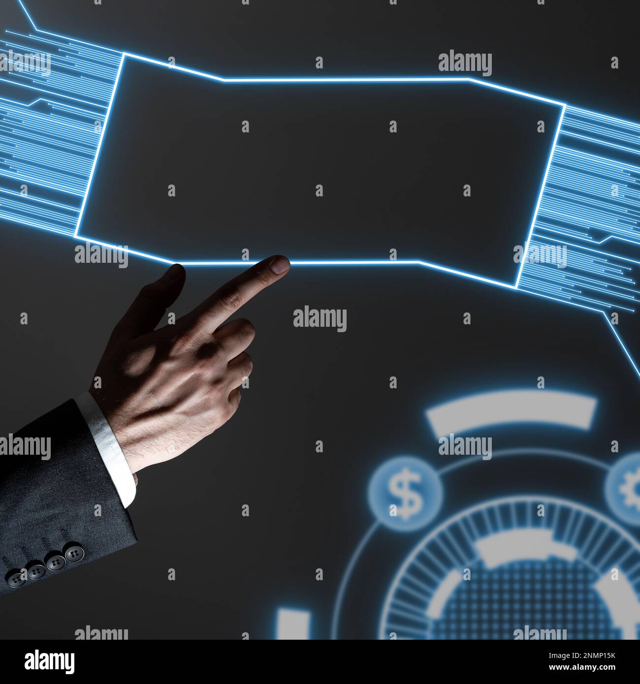 Finger pressing virtual button. Futuristic style image with colored ...