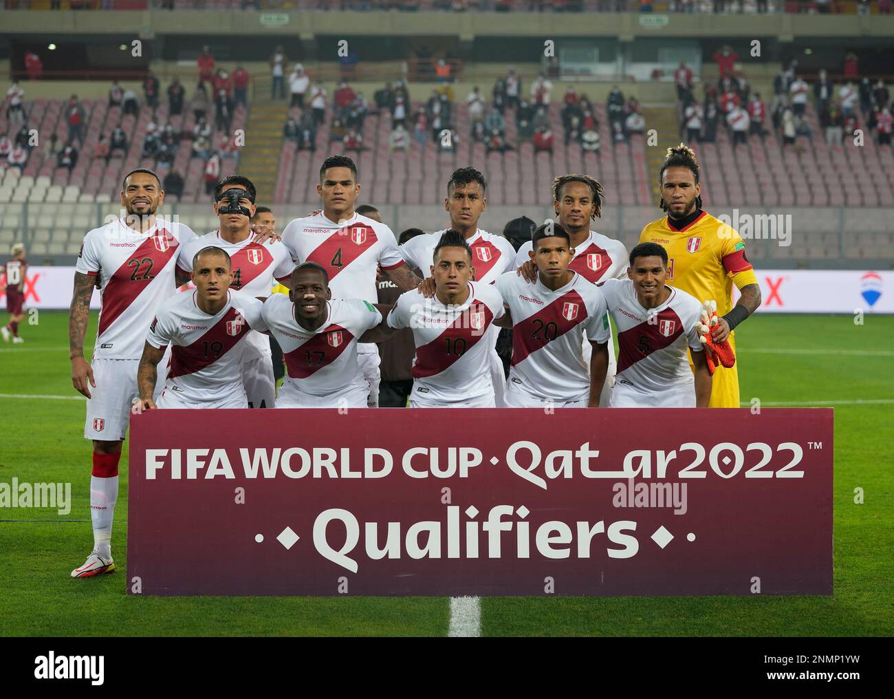 Peru's starting players pose for a photo prior a qualifying soccer ...