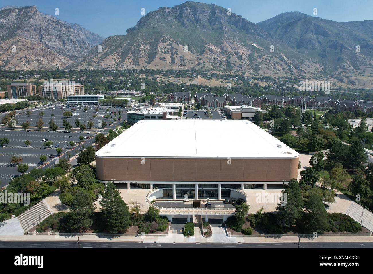An aerial view of the Marriott Center on the campus of Brigham Young ...