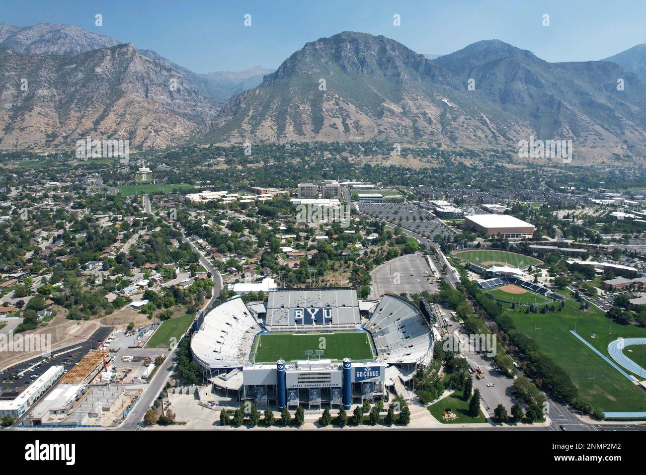 An aerial view of LaVell Edwards stadium on the campus of Brigham Young ...