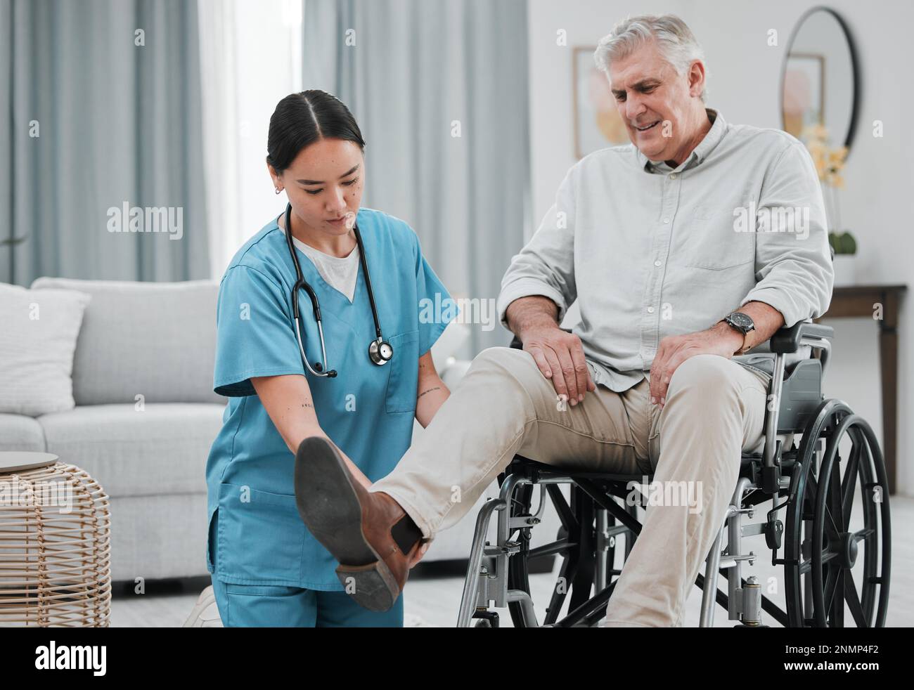 Wheelchair help, nursing home and man with injury or disability with ...