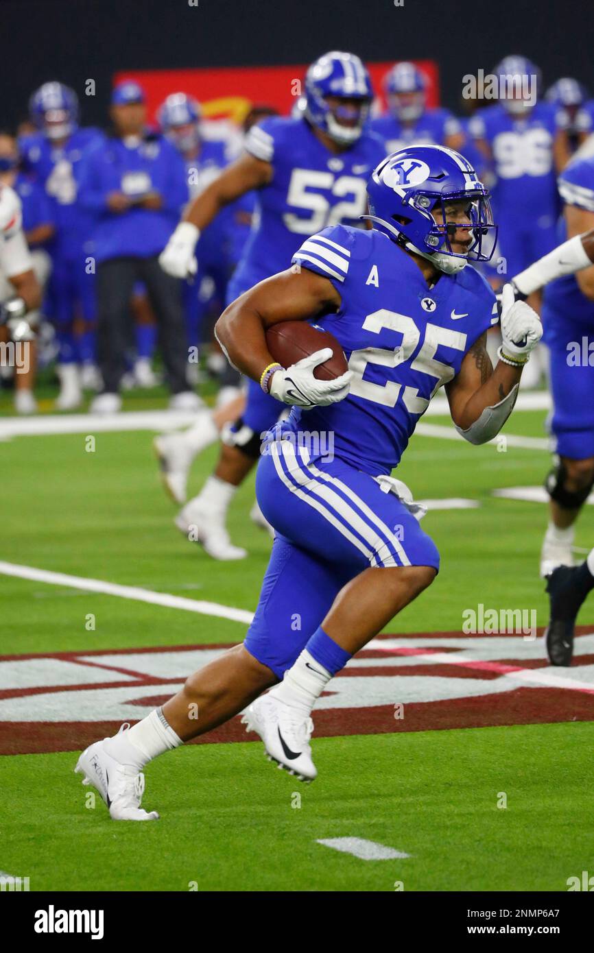 PARADISE, NV - SEPTEMBER 04: BYU running back Tyler Allgeier #25 runs ...
