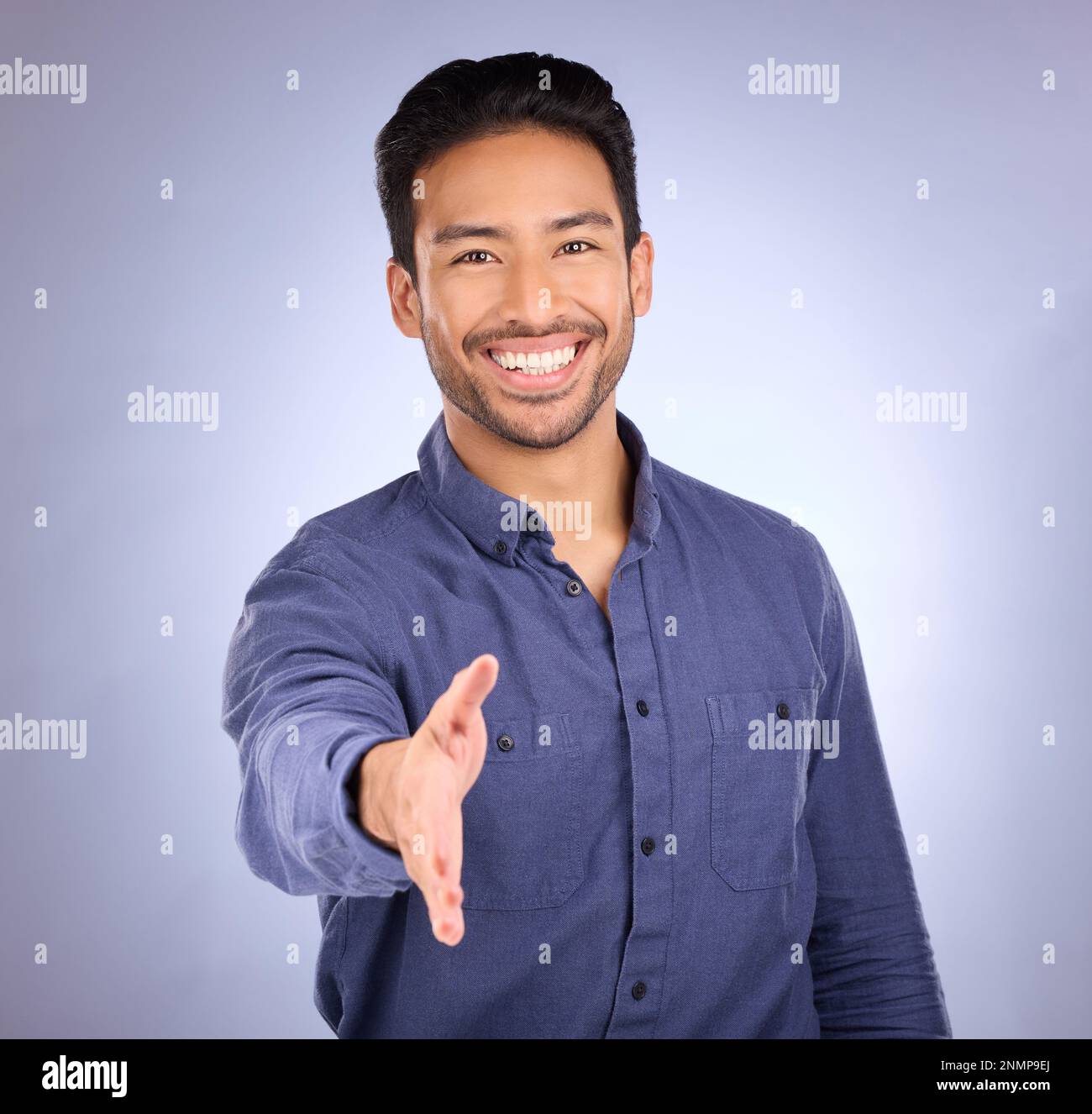 Hand shake, welcome and portrait of a business man with happiness from ...