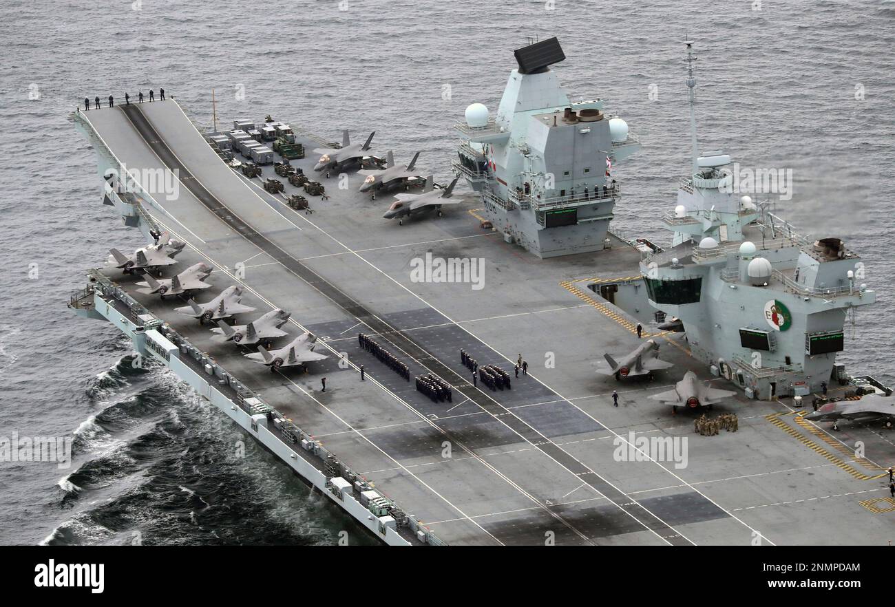 An aerial photo shows aircrafts on HMS Queen Elizabeth, an aircraft ...