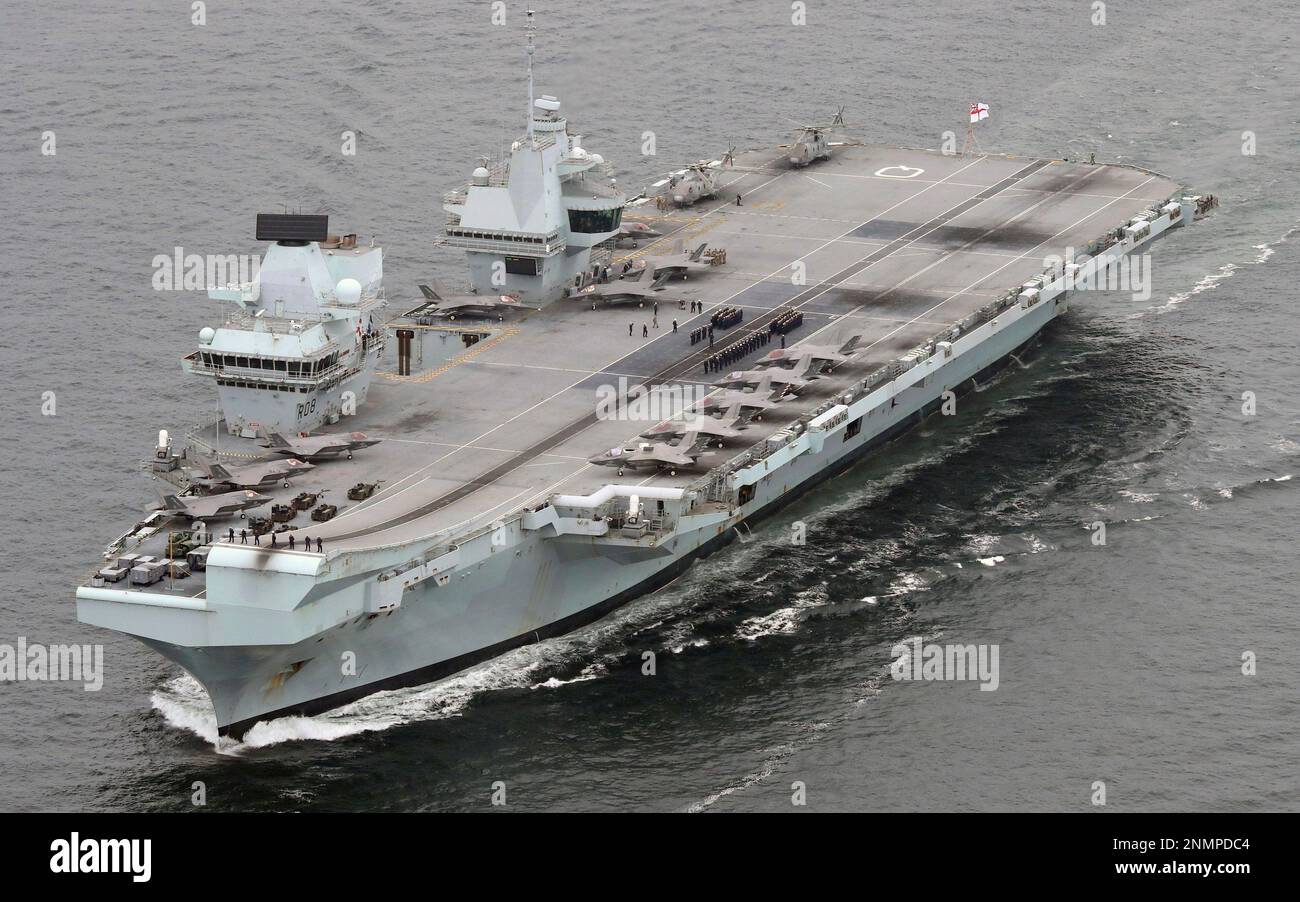 An aerial photo shows HMS Queen Elizabeth, an aircraft carrier of Unite ...