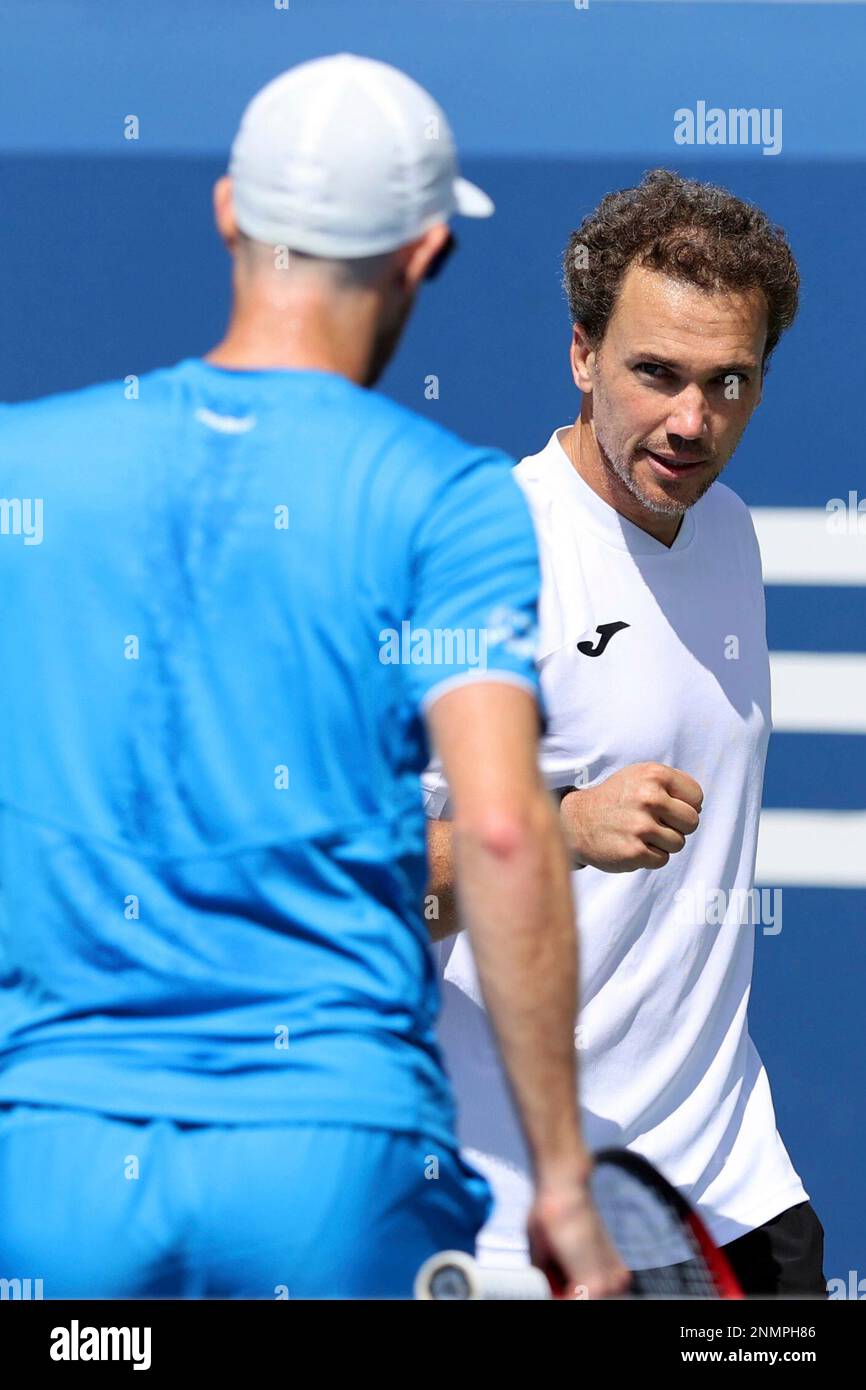 Bruno Soares and Jamie Murray during a Men's Doubles match at the 2021 ...