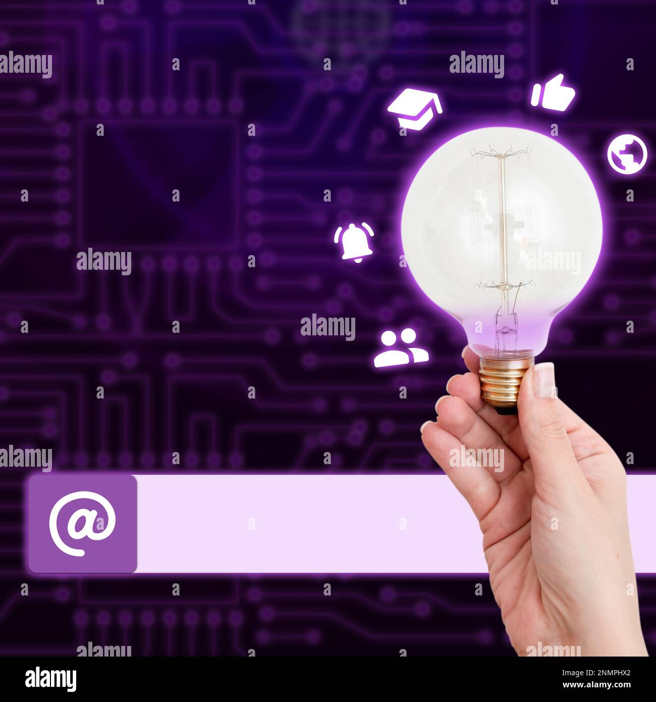 Hand Holding bulb presenting New Futuristic Technologies. Palm Carrying ...