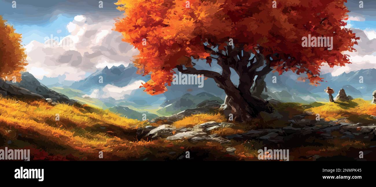 Autumn landscape with trees, mountains. Rural landscape. Autumn ...