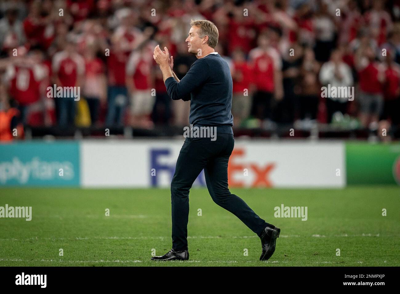 Denmark's national coach Kasper Hjulmand celebrates the team's victory ...