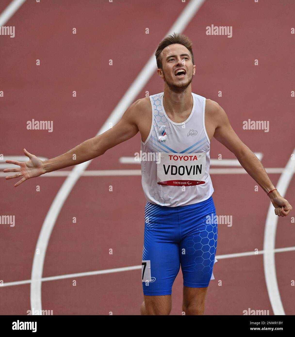 VDOVIN Andrei of Russian Paralympic Committee (RPC) finishes the goal line of the Men's 400m-T37 ...