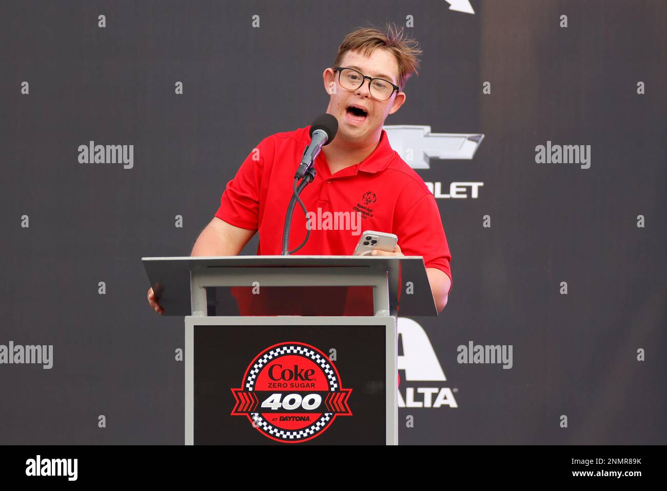 DAYTONA, FL - AUGUST 28: Chris Nikic speaks to the crowd before the ...