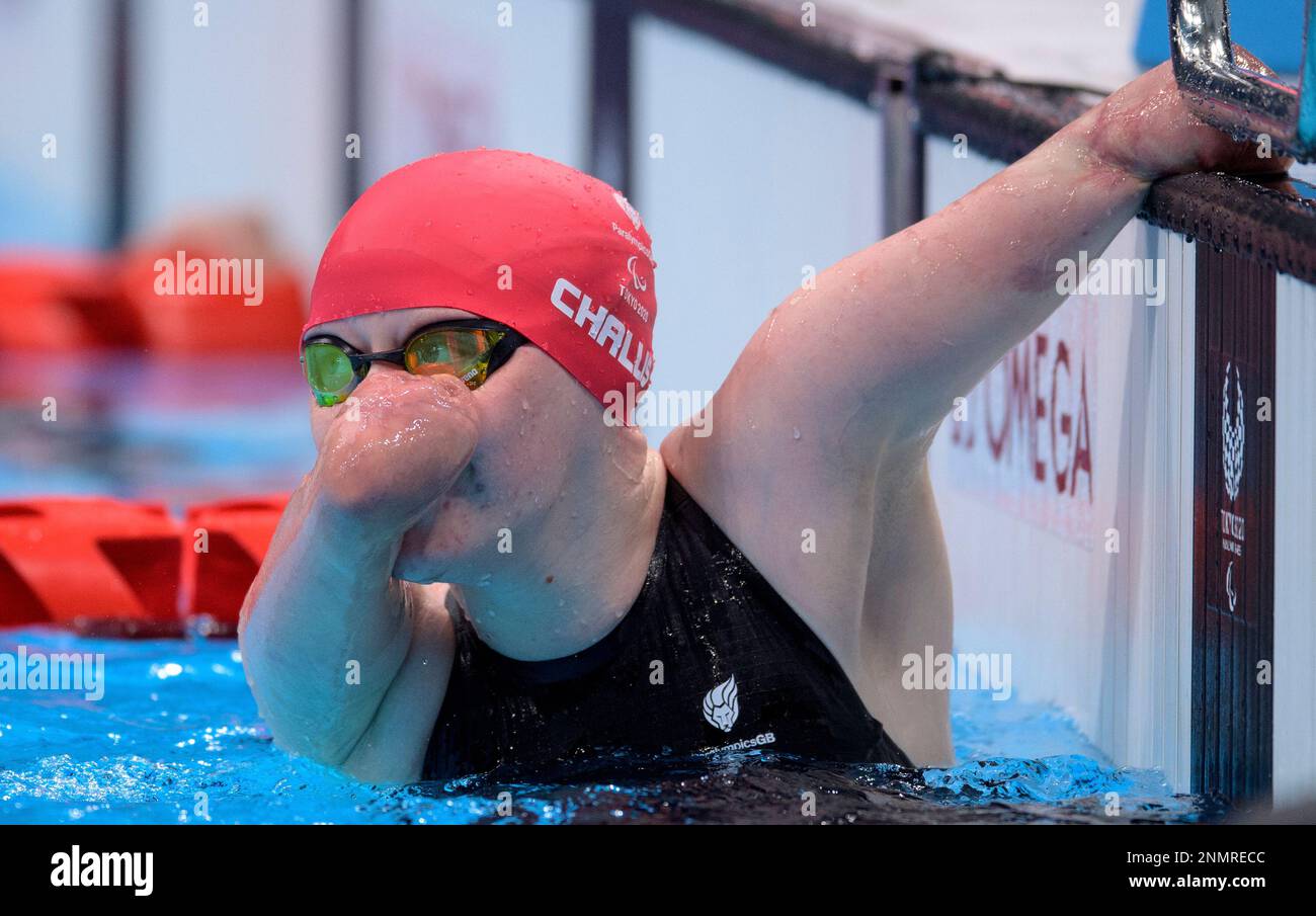 Ellie Challis of Britain reacts after finishing second in the swimming ...