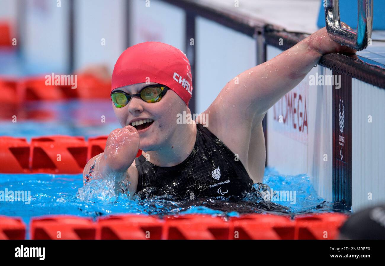Ellie Challis of Britain reacts after finishing second in the swimming ...