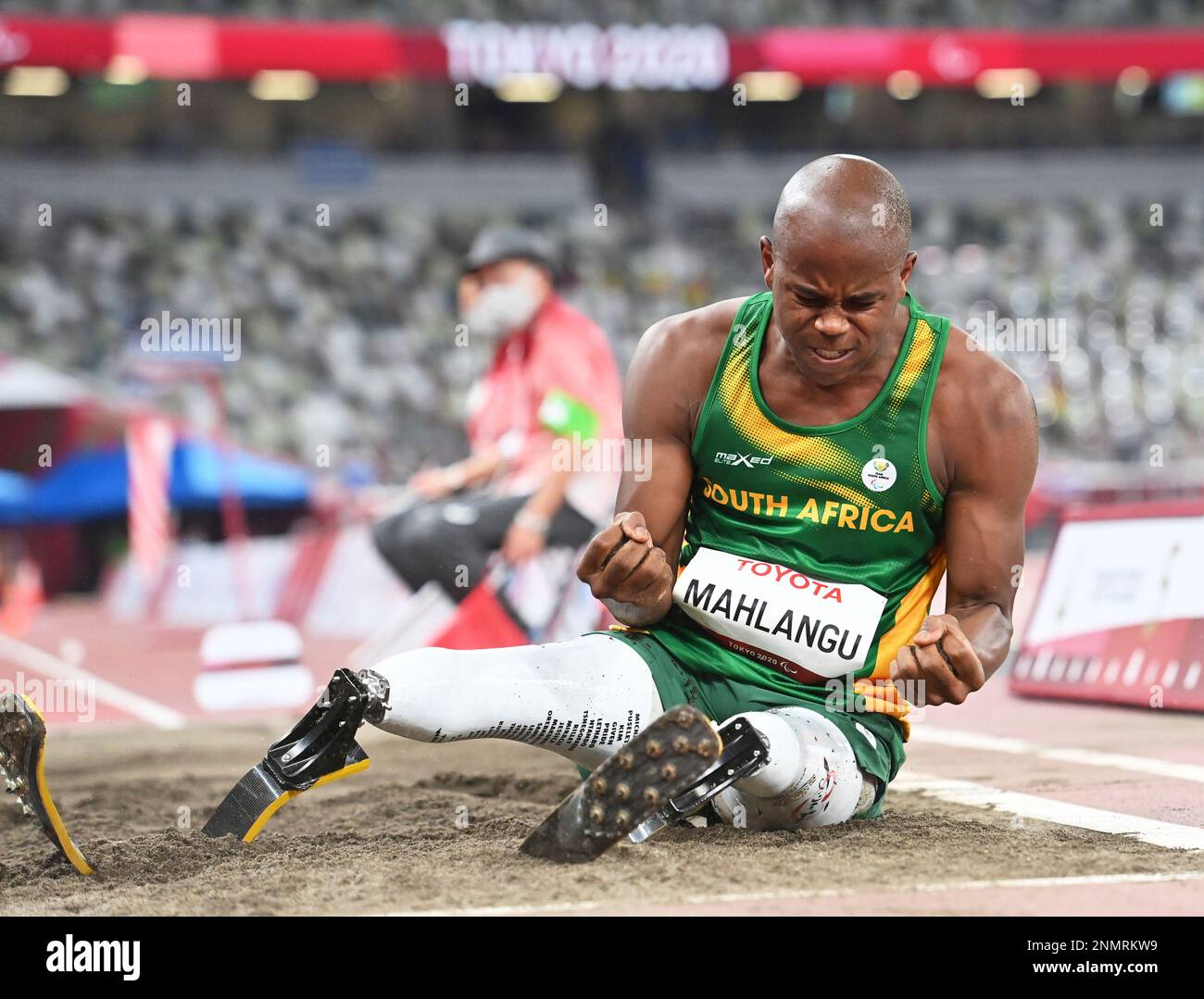 South Africa's MAHLANGU Ntando reacts during the Men's Long Jump - T63 ...