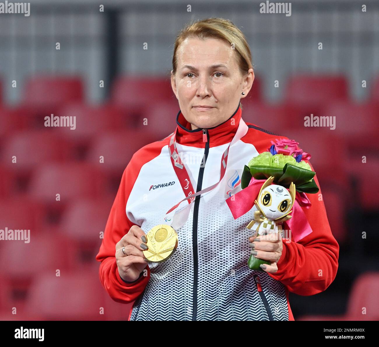 Russian Paralympic Committee, RPC's PROKOFEVA Elena attends a victory ceremony after winning the ...