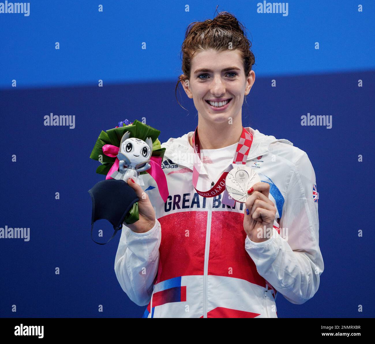 Silver medallist Bethany Firth of Britain poses at the medal ceremony ...