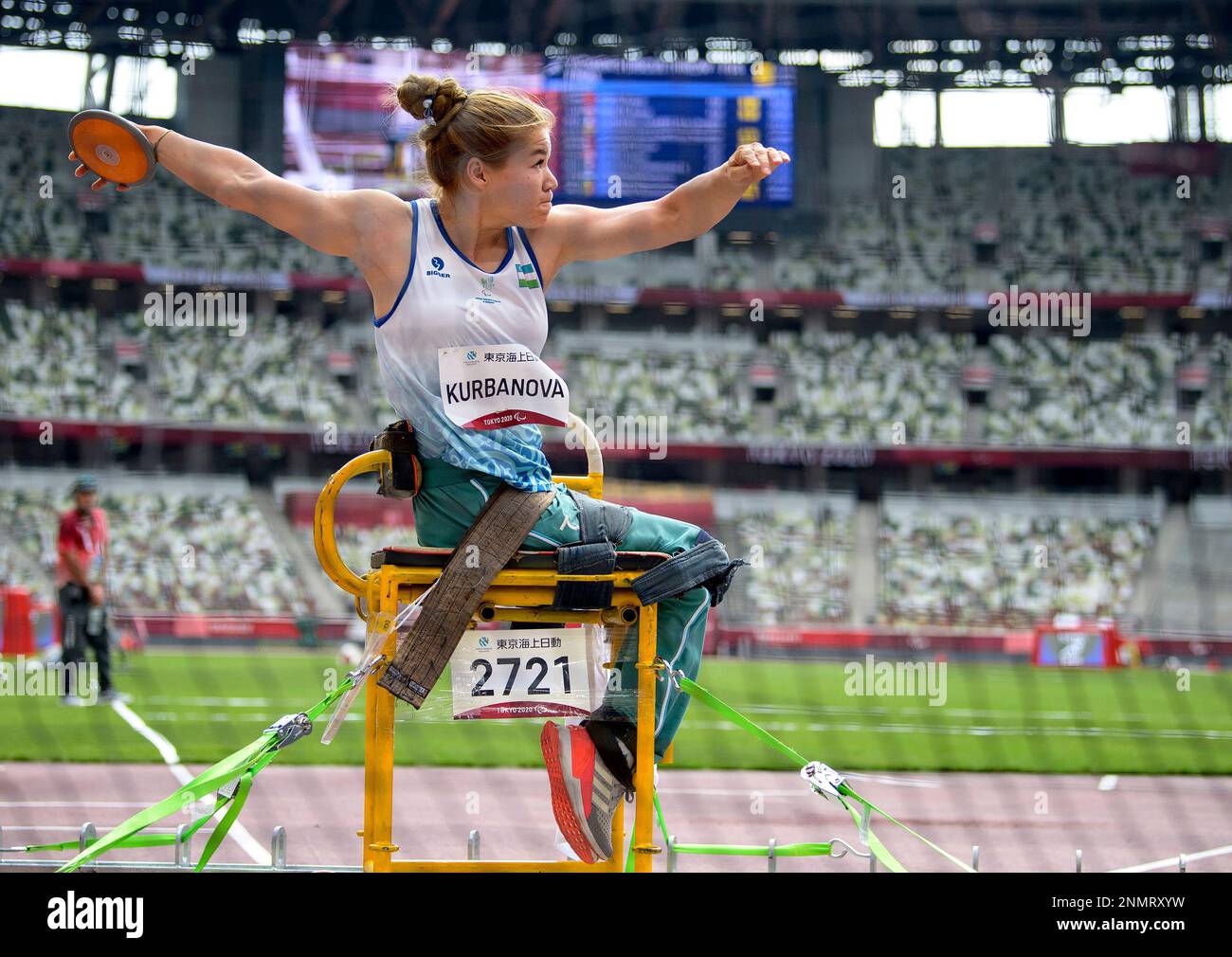 Nurkhon Kurbanova of Uzbekistan competes in the women's discus throw ...