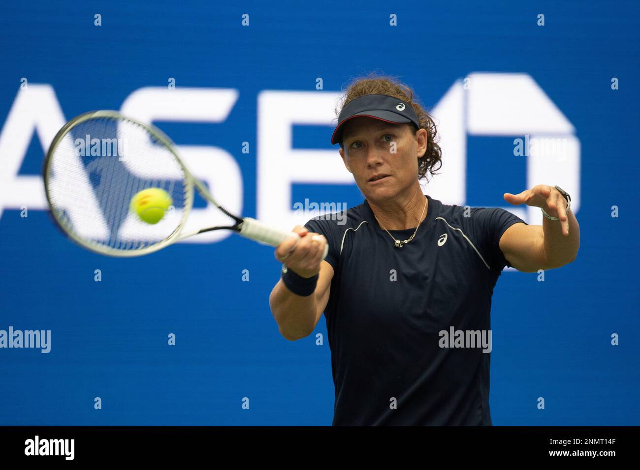 Samantha Stosur in action during practice at the 2021 US Open, Thursday ...