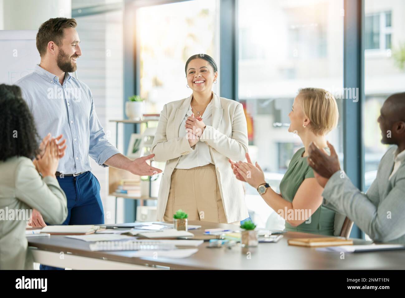 Woman promotion applause, celebration and business people clapping for employee growth or ...