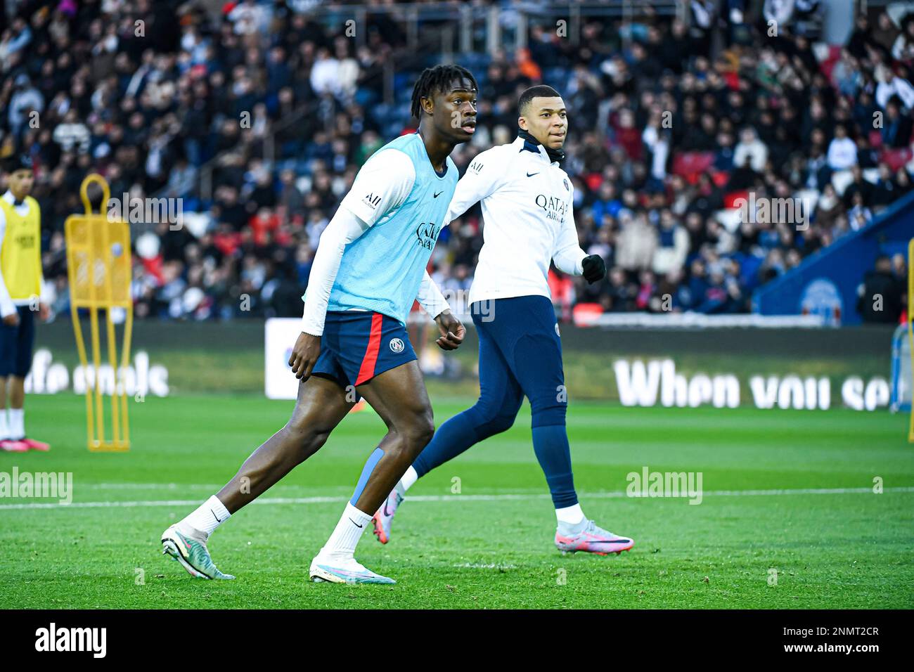 Timothee Pembele and Kylian Mbappe during the public training of the ...