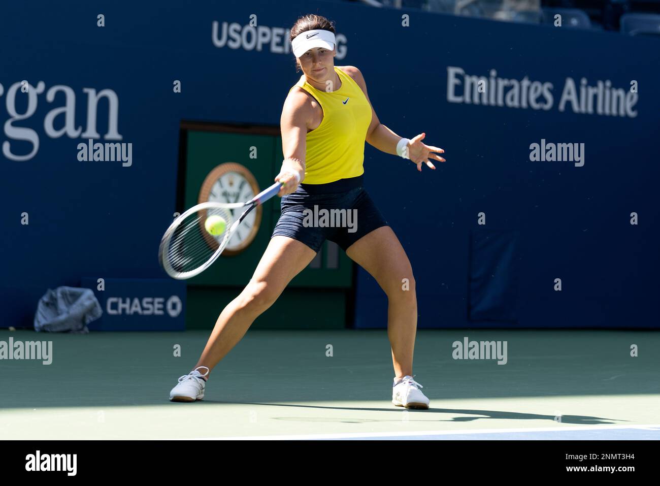 Bianca Andreescu returns a shot during practice at the 2021 US Open ...