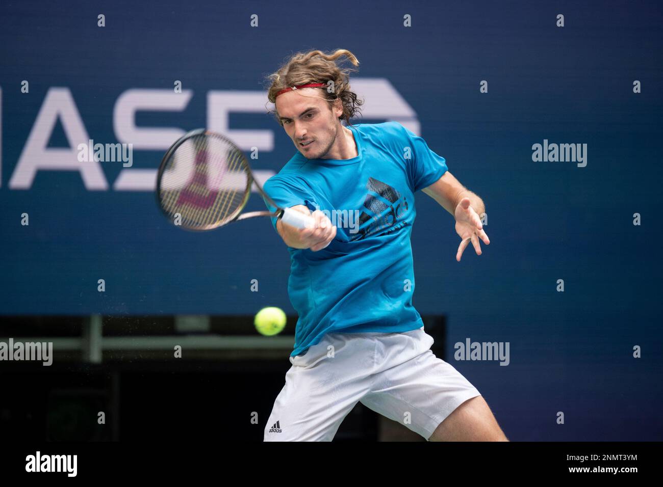 Stefanos Tsitsipas in action during practice at the 2021 US Open ...
