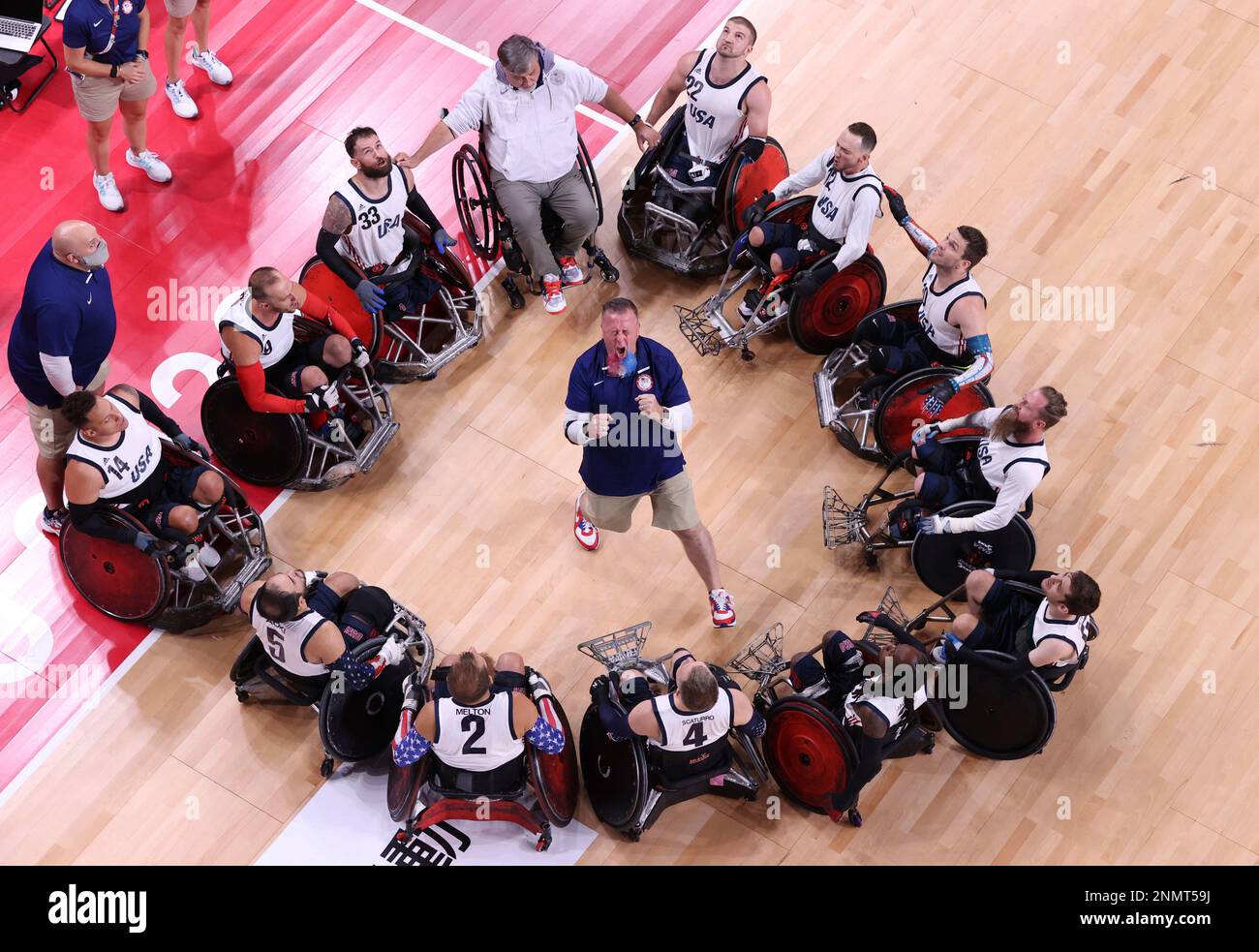 United States' players form a circle ahead of Wheelchair Rugby Pool ...