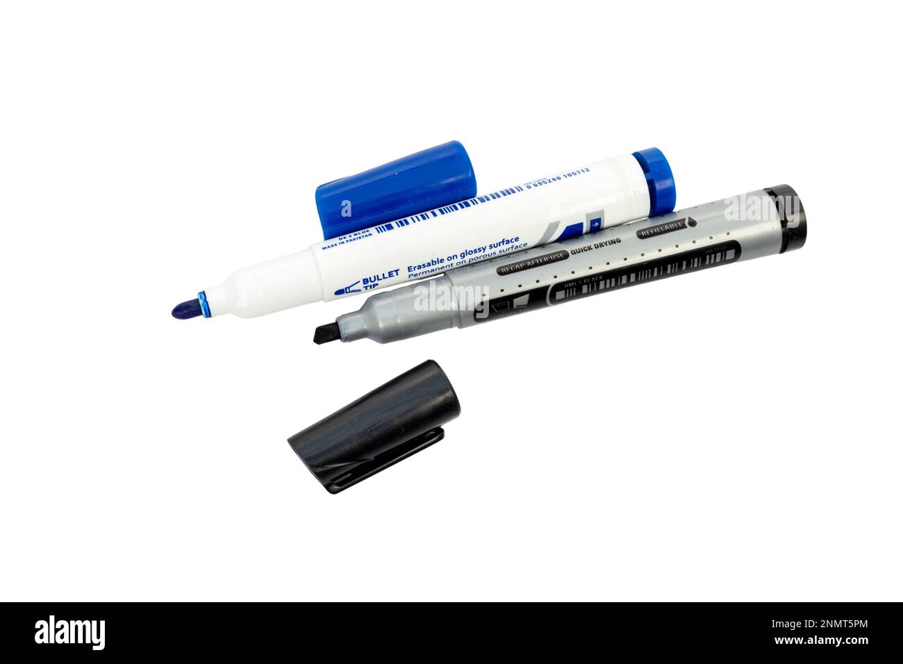 Black and blue markers with cap off on a white background Stock Photo ...