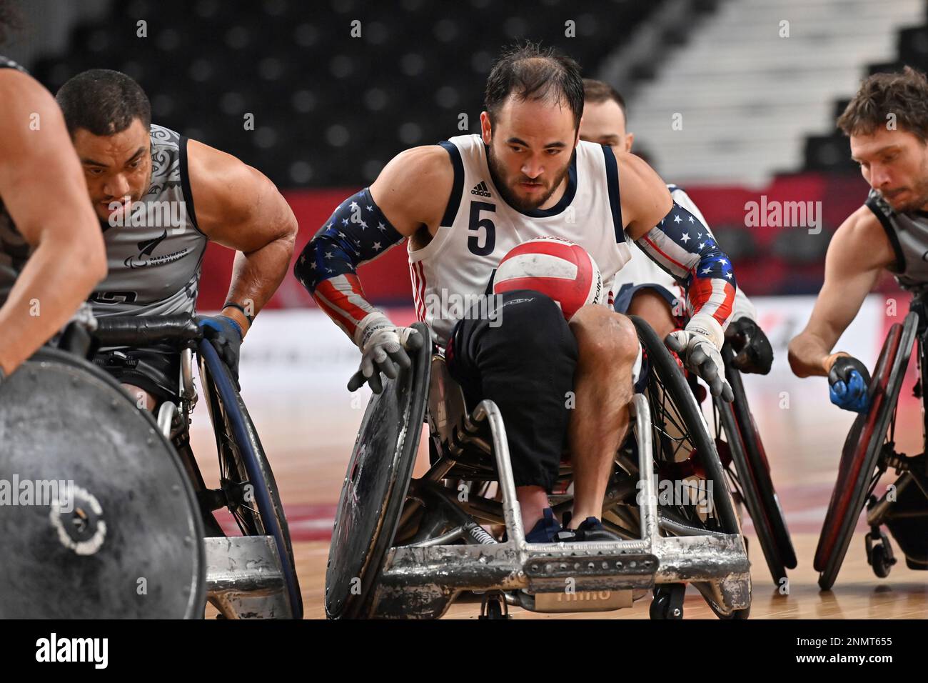 AOKI Charles (C, 5) of U.S.A. scores a try during the 3rd during the ...