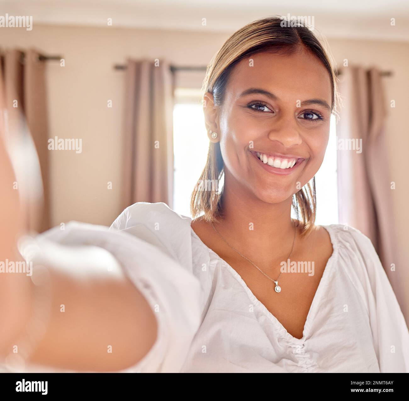 Woman, portrait smile and selfie for profile picture, vlog or social ...