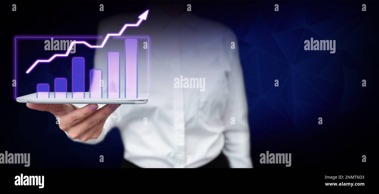 Lady In white shirt Standing Holding Tablet In Hand Presenting Virtual ...