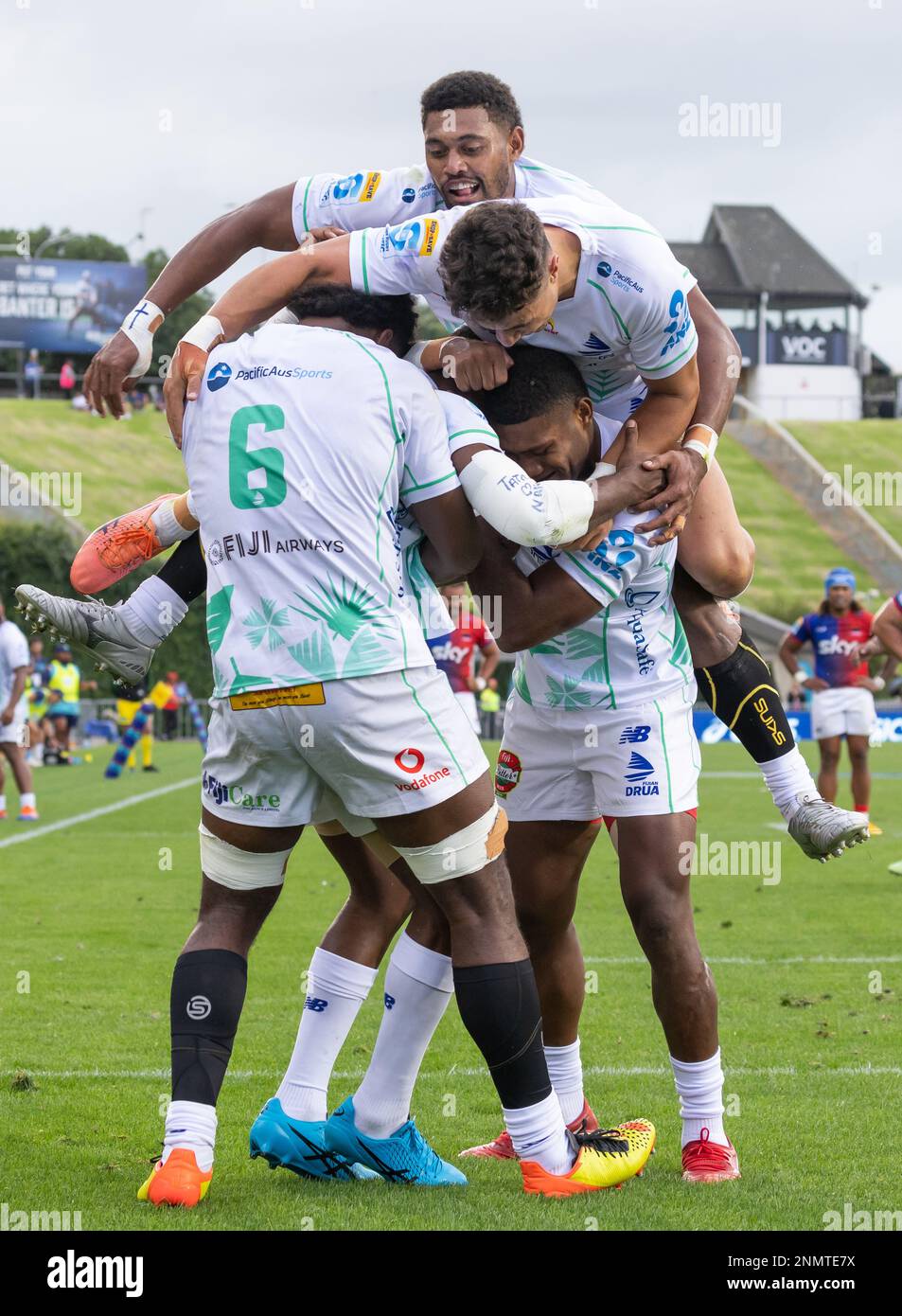 Fijian Drua replacement Taniela Rakuro celebrates scoring the match ...