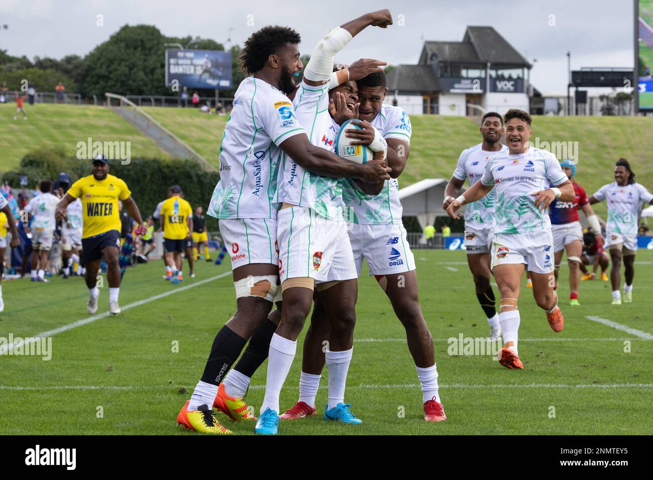 Fijian Drua replacement Taniela Rakuro celebrates scoring the match ...
