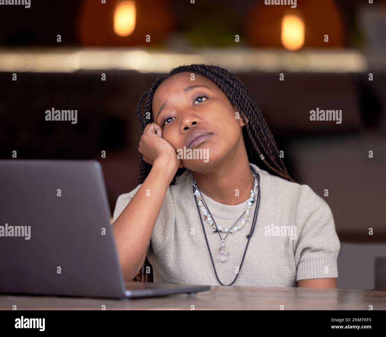 Tired, bored and thinking black woman at work with depression, stress ...