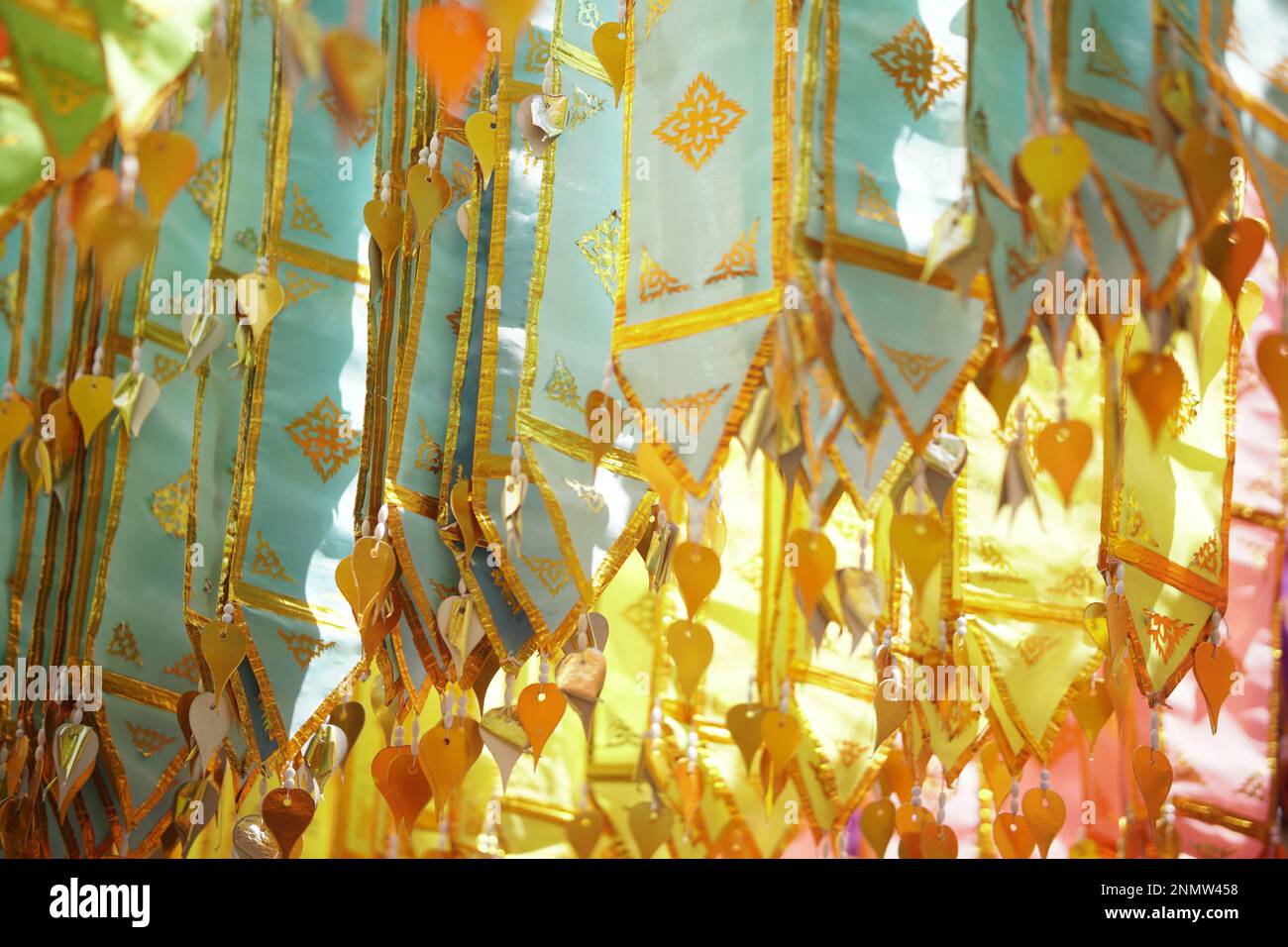 colorful traditional fabric flag decorating hanging in temple Stock ...