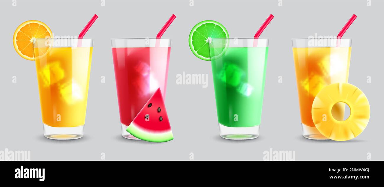 Summer juice vector set design. Summer fruit drinks, iced soda and ...