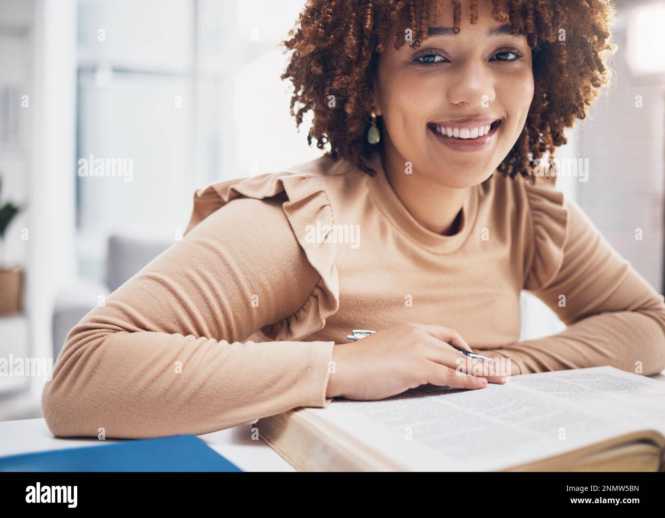 Smile, prayer and portrait of black woman with bible for happy, worship ...