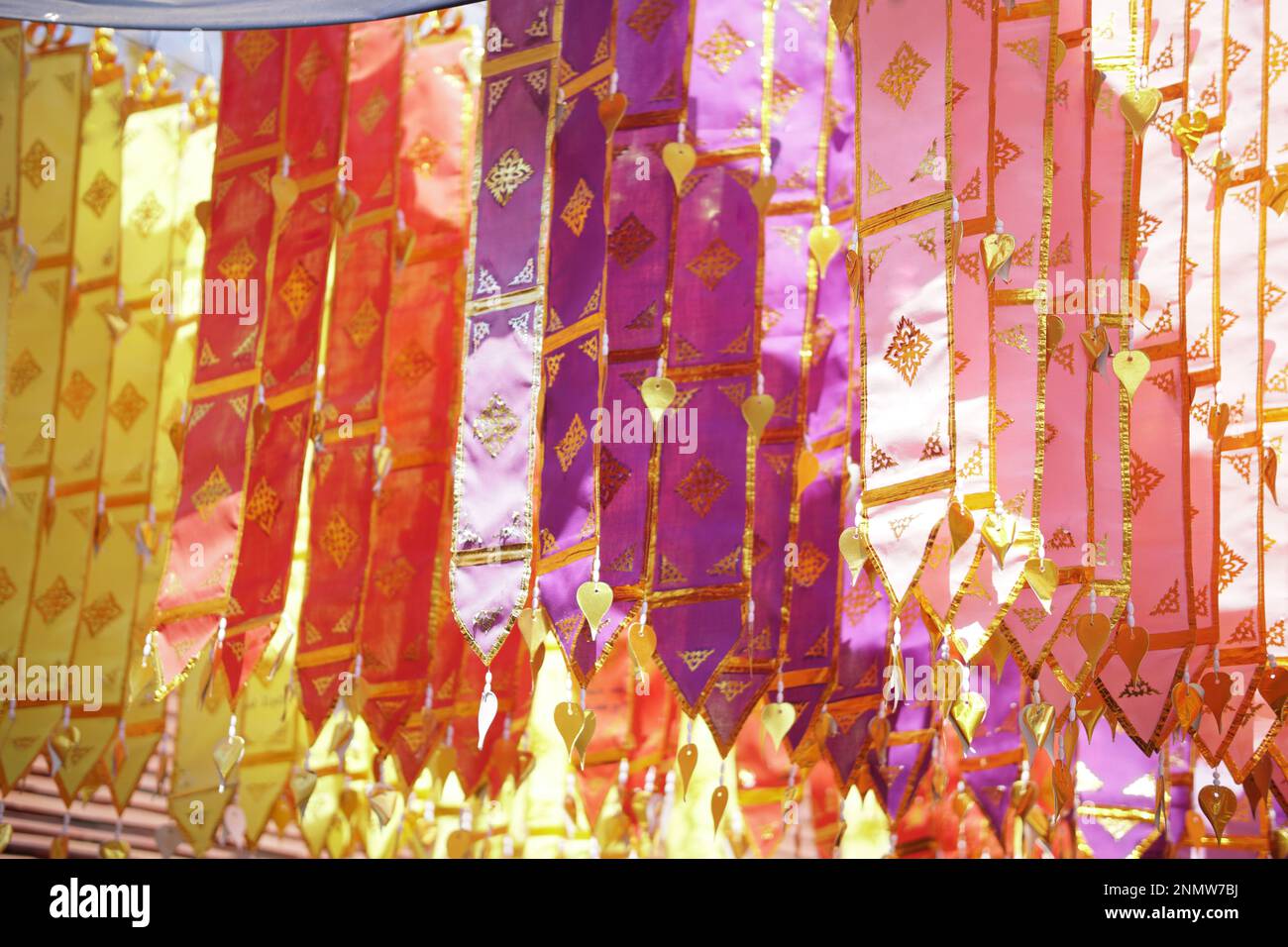colorful traditional fabric flag decorating hanging in temple Stock ...