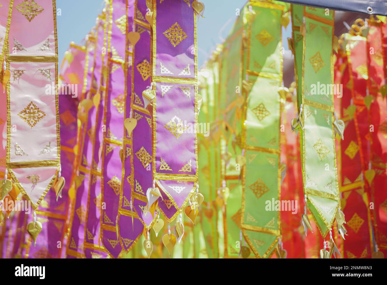 colorful traditional fabric flag decorating hanging in temple Stock ...