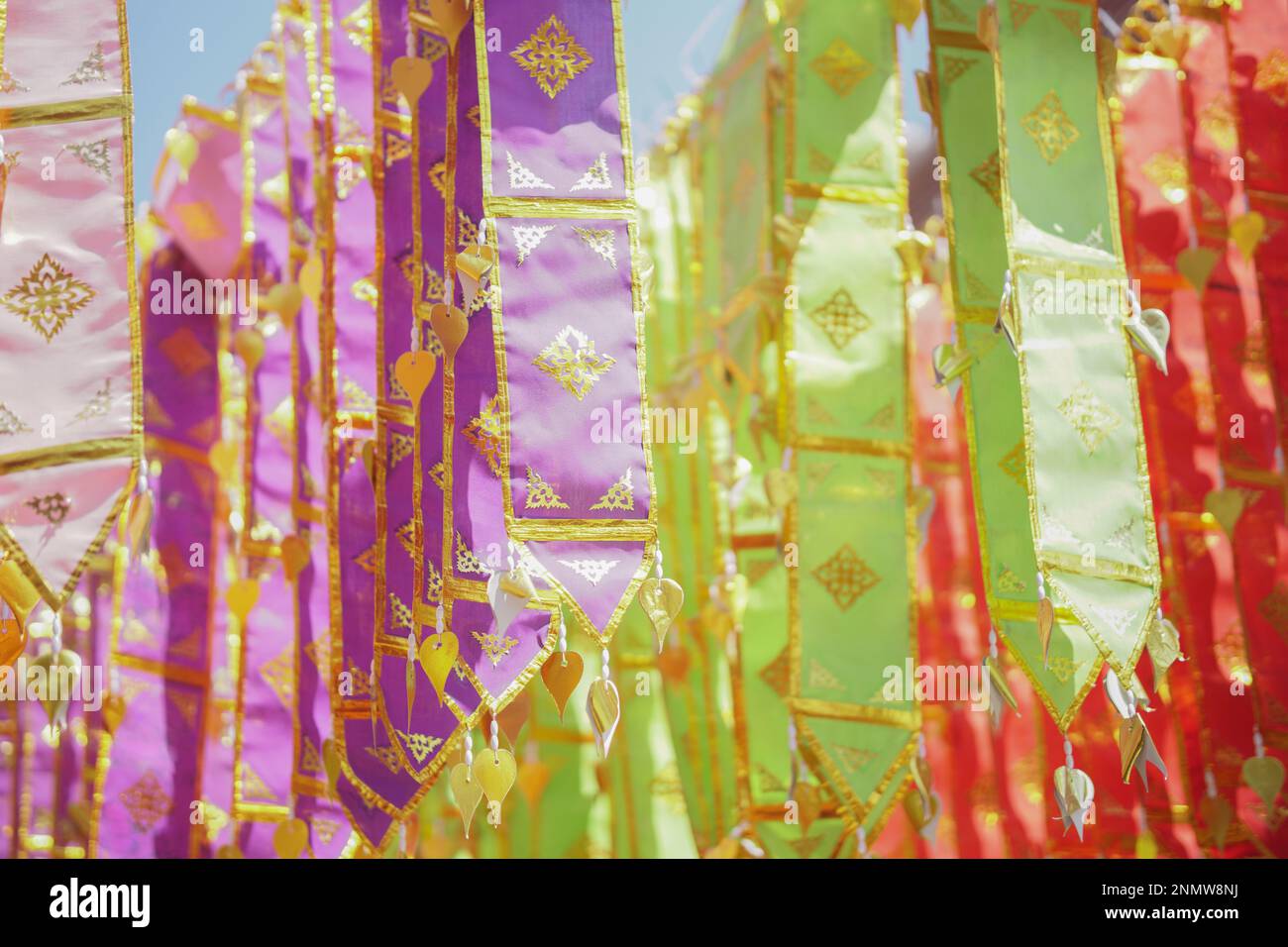 colorful traditional fabric flag decorating hanging in temple Stock ...