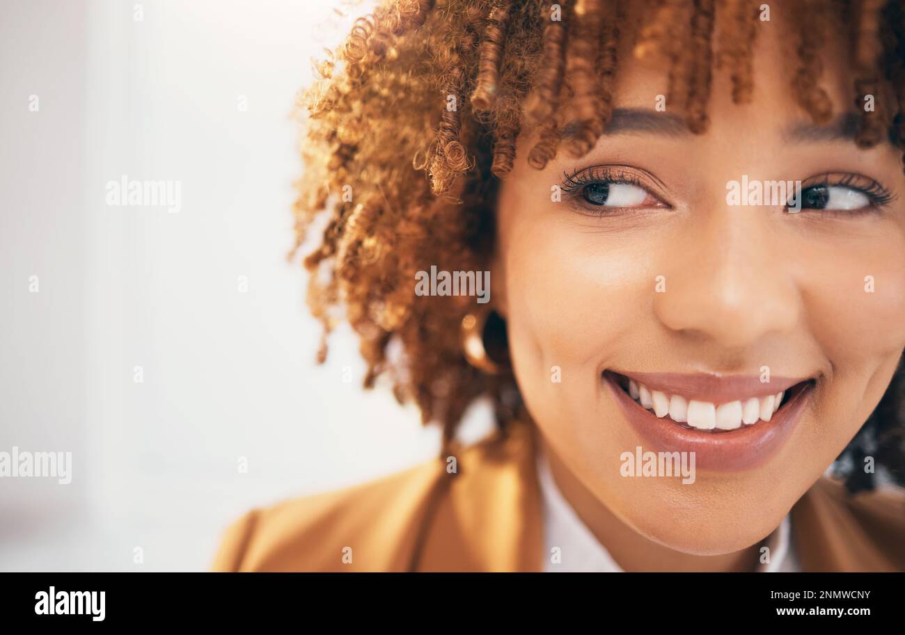 Corporate black woman, headshot and smile with beauty, vision or ideas ...