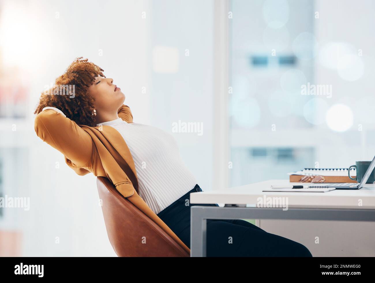 Relax, business and a black woman finished with tasks in the office ...