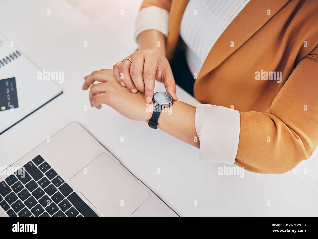 Woman, business and hands, check watch with schedule and clock, laptop ...