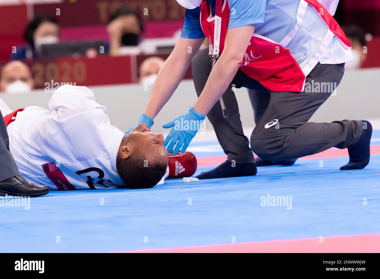 August 07, 2021: Jonathan Horne of Germany gets an arm injury fighting ...